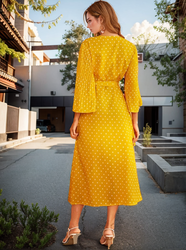 Pleated 3/4 sleeve polka dot dress - XD21