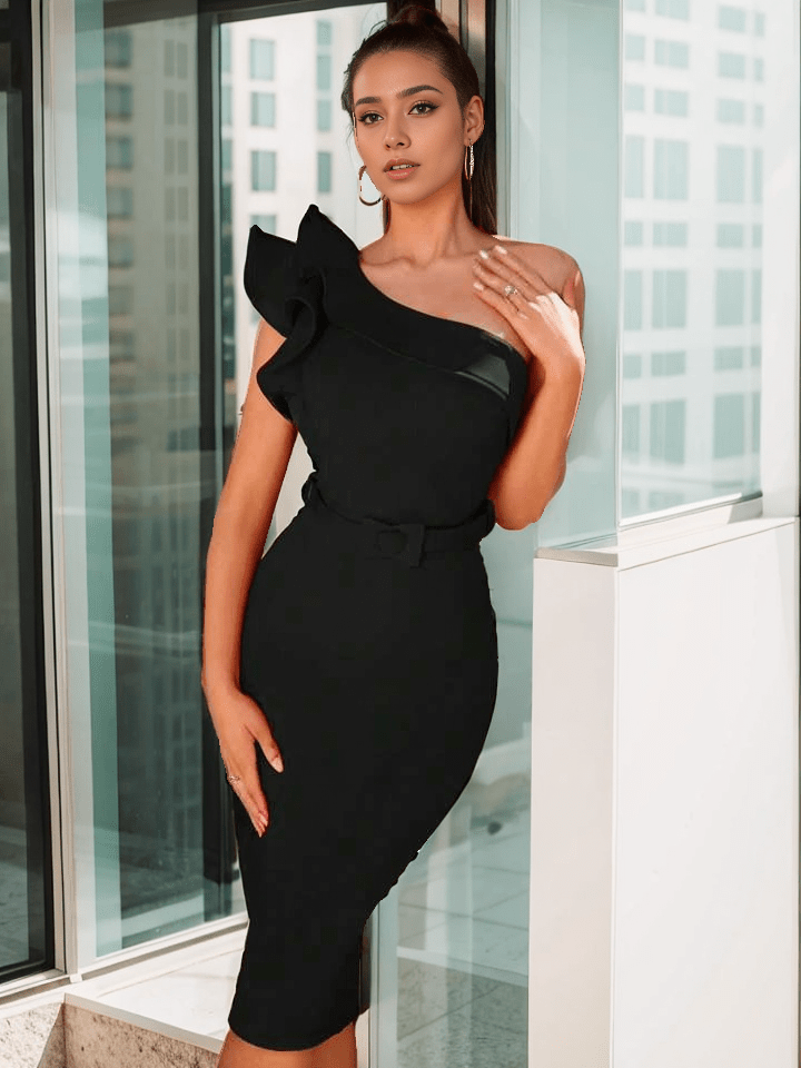 One Shoulder Ruffle Trim Slit Back No Belt Bodycon Dress