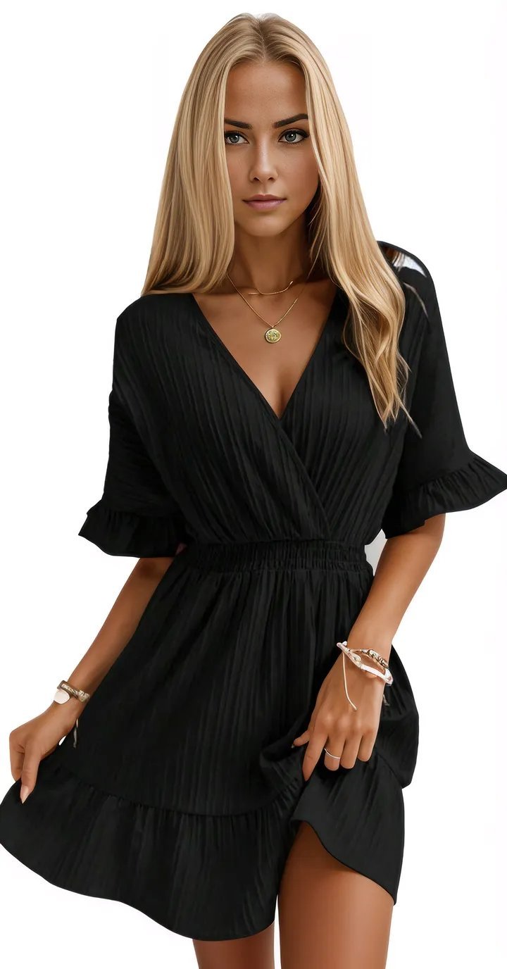 Short Flounce Sleeve Ruffle Hem Short Mini Dress - XD21